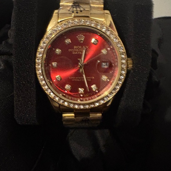 Rolex | Accessories | Rolex Red Dial Gold Watch With Diamond Markers ...